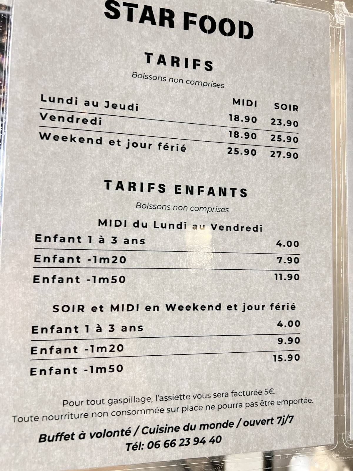 Menu au Star Food restaurant, Lognes
