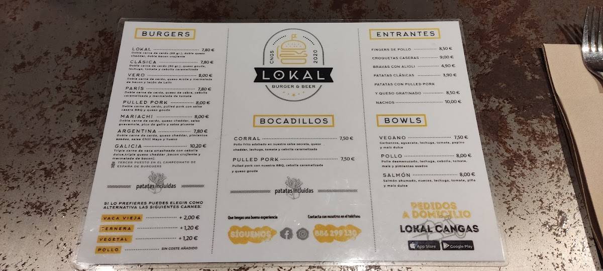 Carta del restaurante Lokal, Cangas