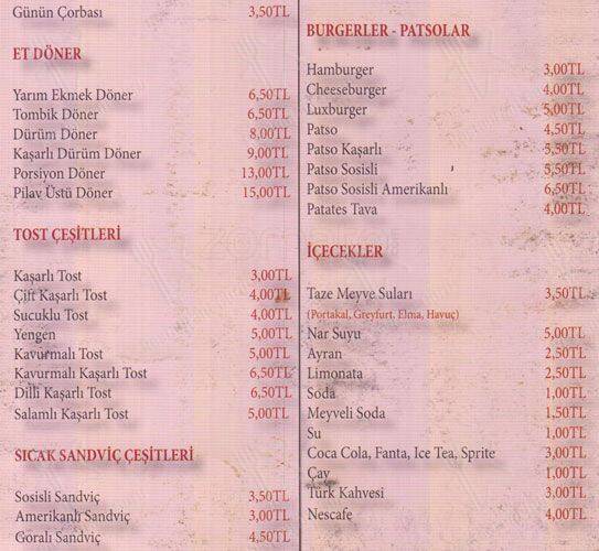 Menu at Lokum Döner, Istanbul
