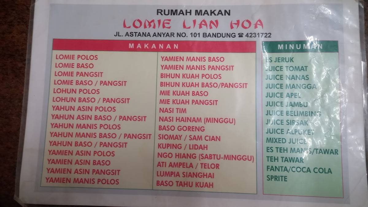 Menu at Lomie Lian Hoa restaurant, Bandung