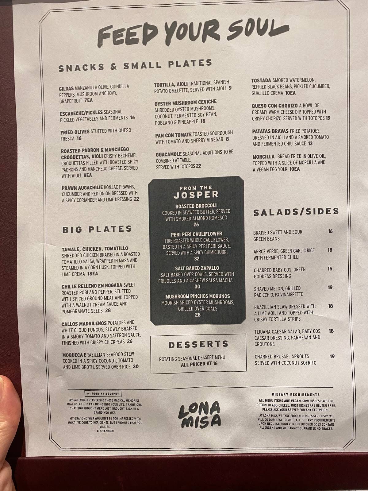 Menu at Lona Misa restaurant, South Yarra