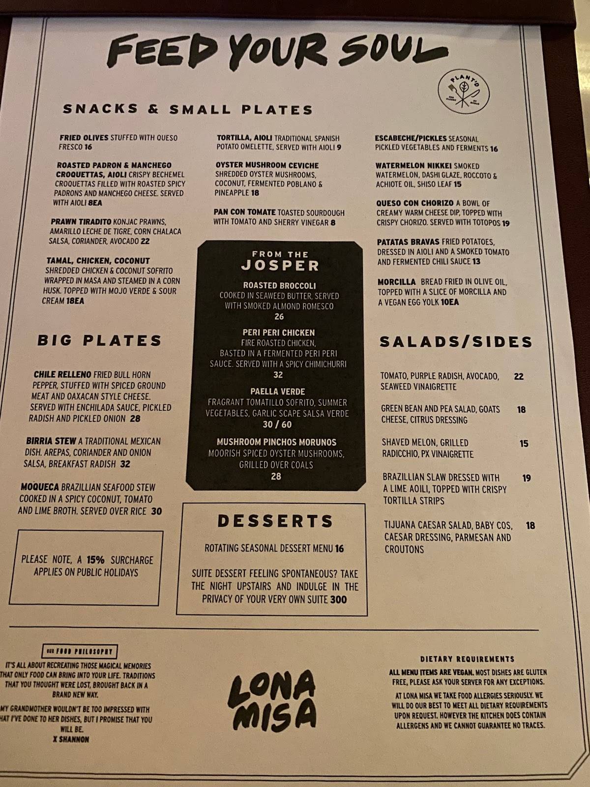 Menu at Lona Misa restaurant, South Yarra