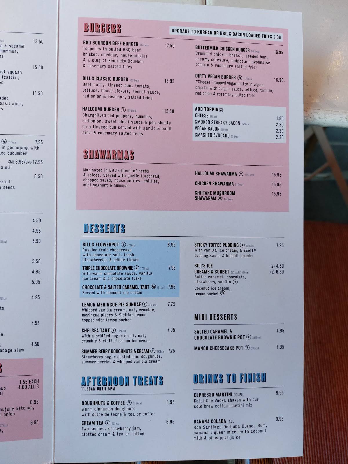 Menu at Bill’s restaurant, London, Victor Wharf