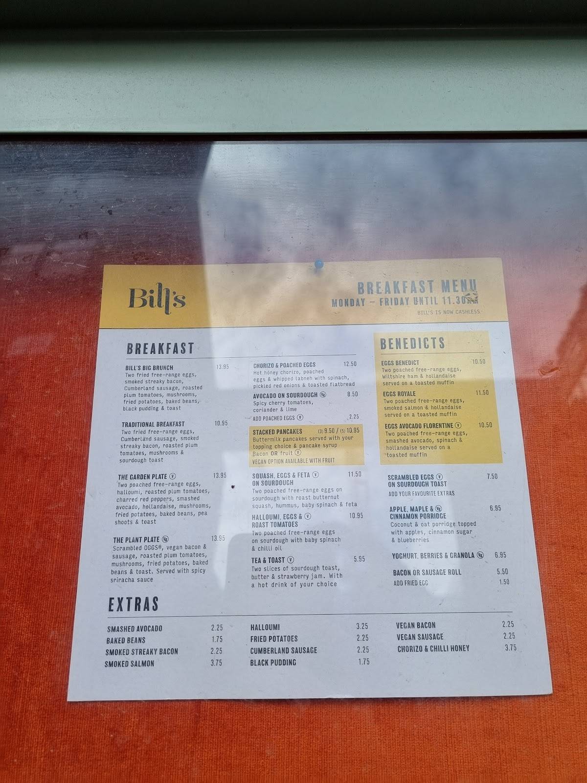 Menu at Bill’s restaurant, London, Victor Wharf