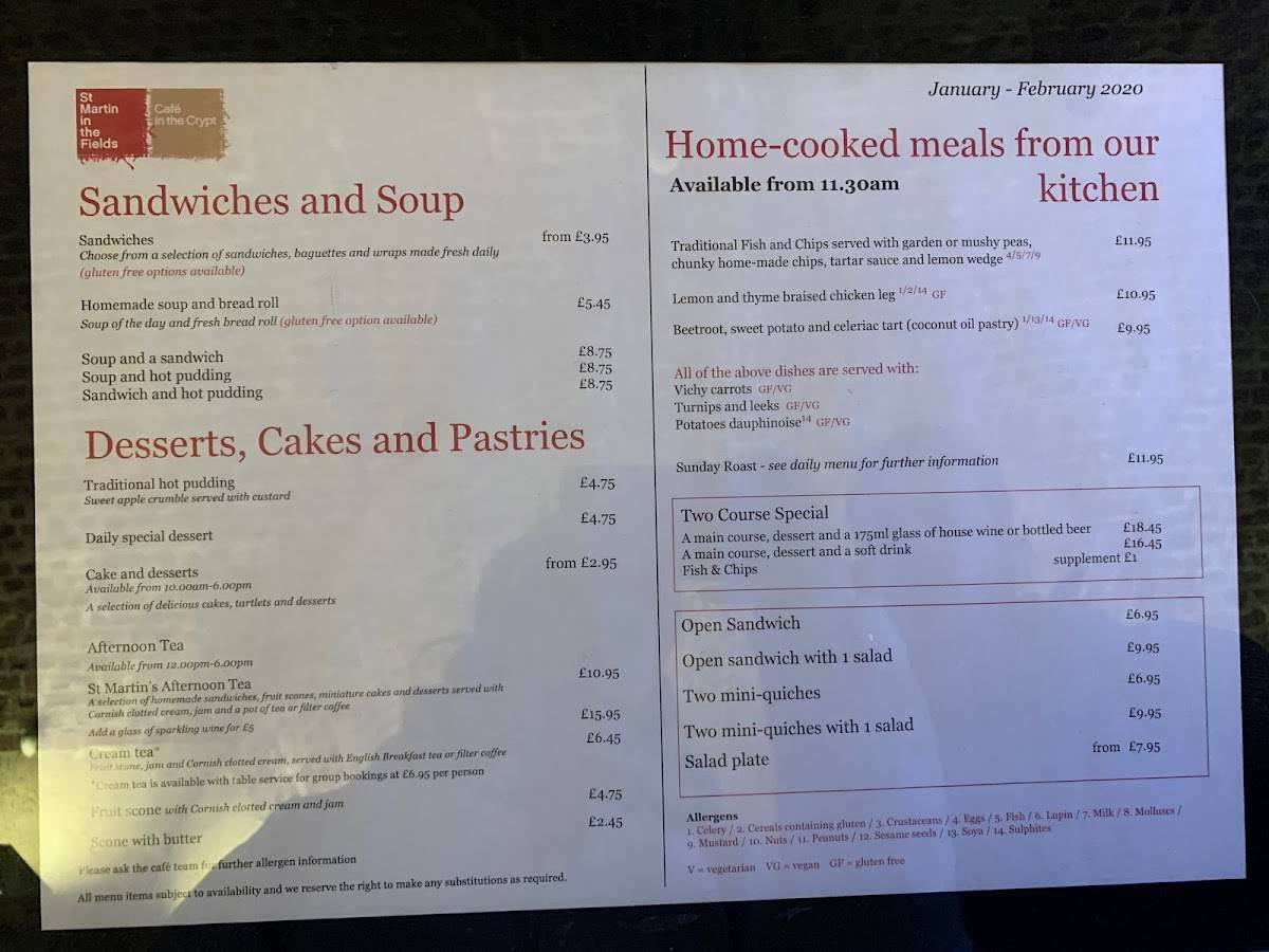 Menu at Café in the Crypt cafe, London, Trafalgar Sq