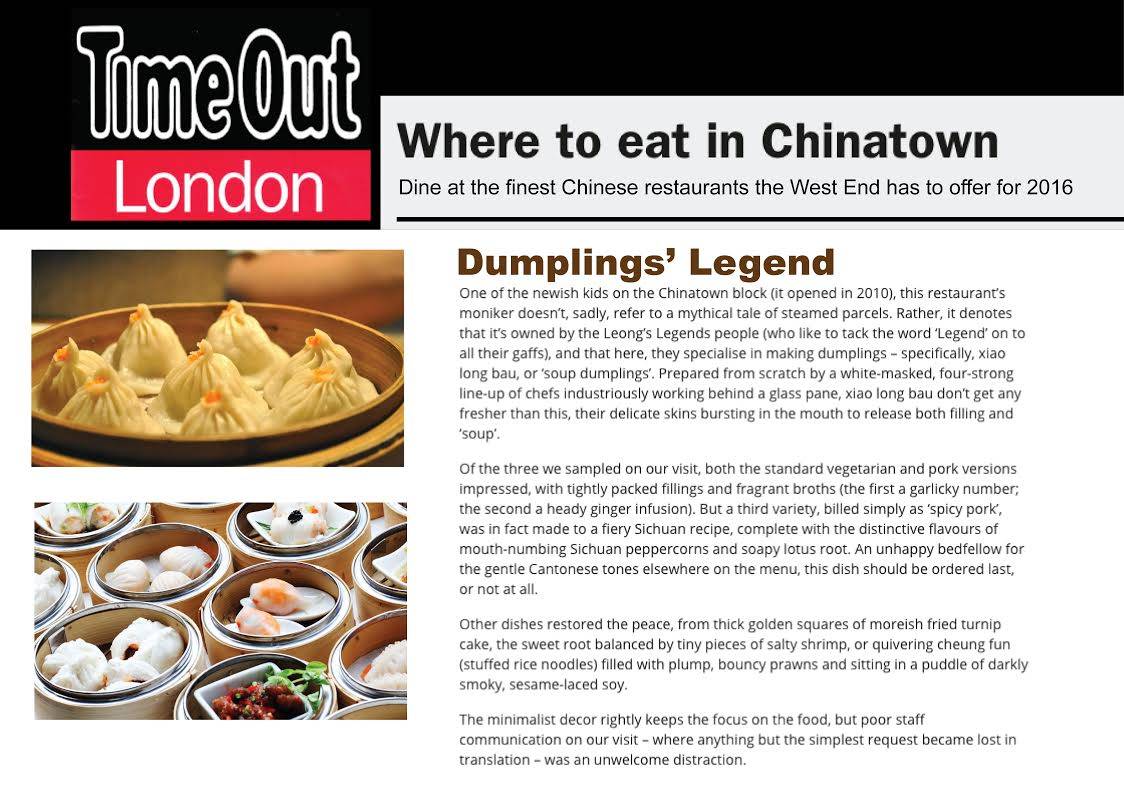 Menu at Dumplings' Legend restaurant, London