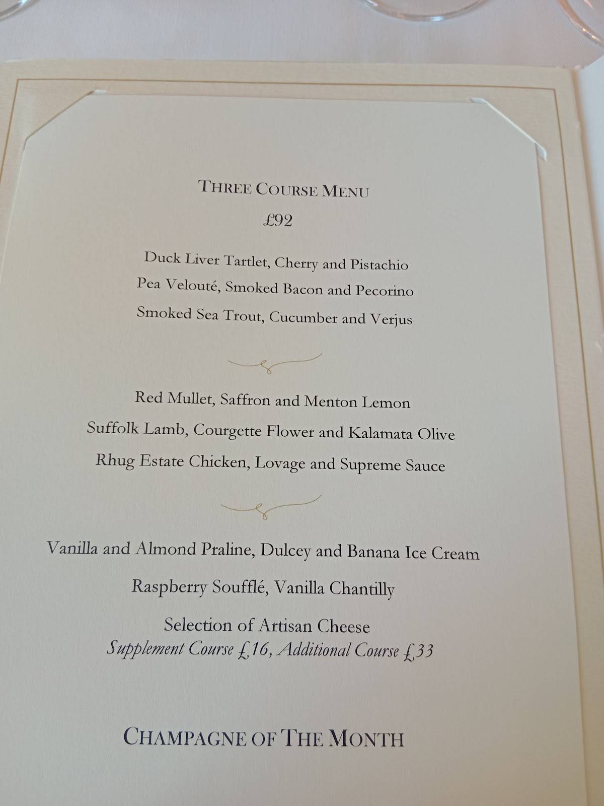 Menu at The Ritz restaurant, London