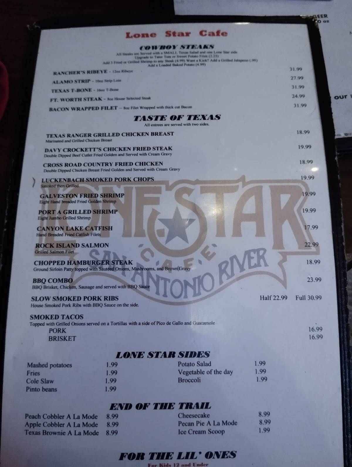 Menu at Lone Star Cafe, San Antonio, 237 Losoya St