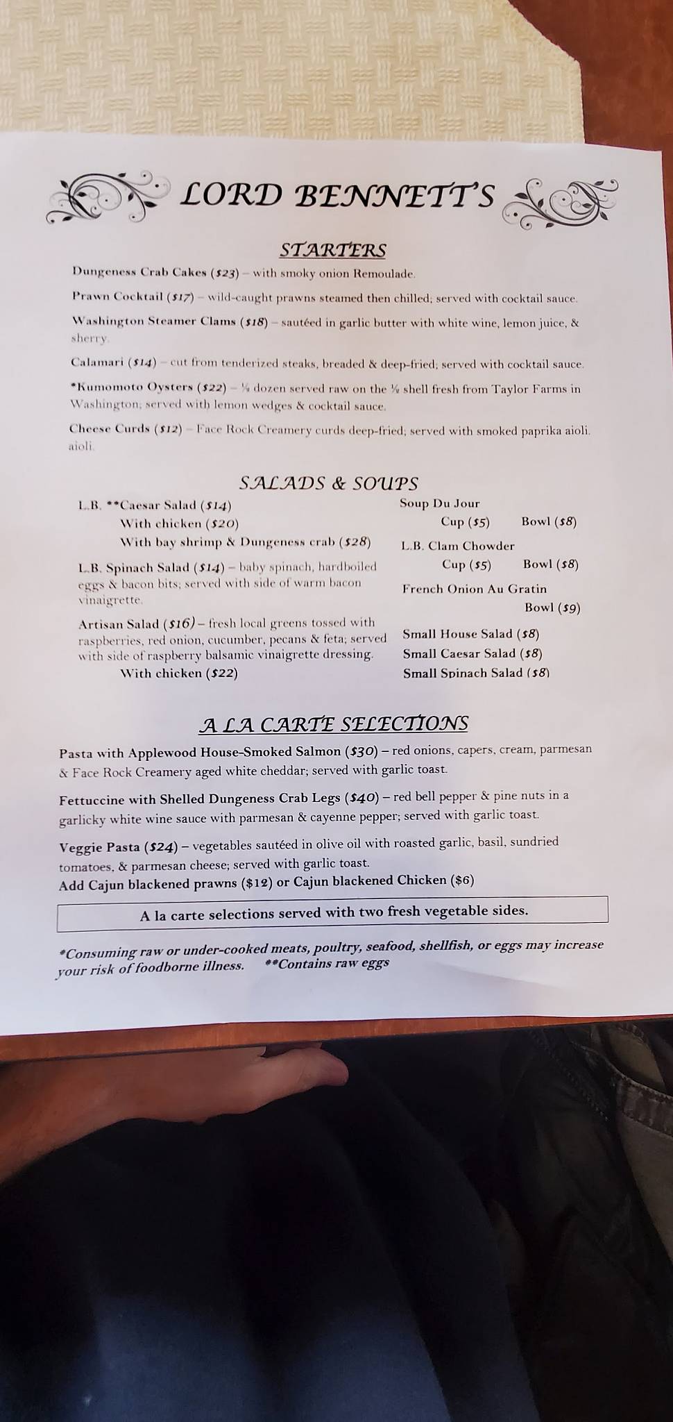 Menu at Lord Bennett's restaurant, Bandon