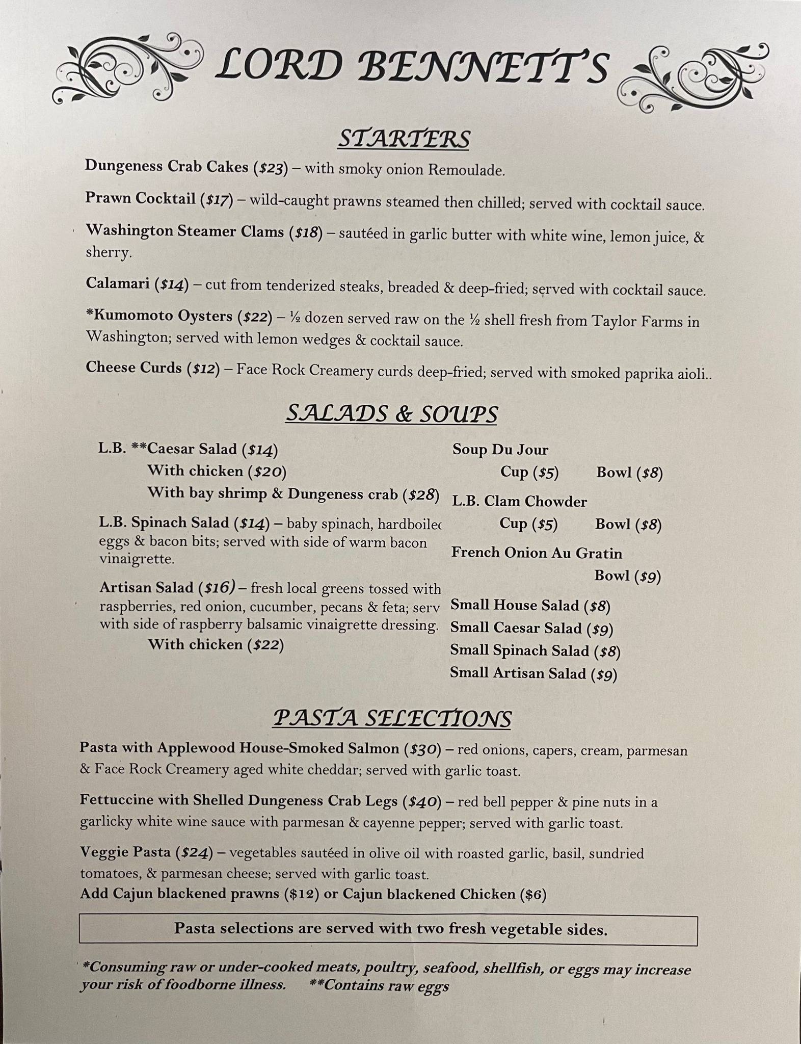 Menu at Lord Bennett's restaurant, Bandon