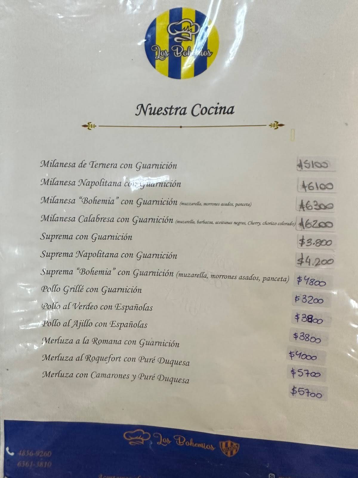 Carta del restaurante Los Bohemios, Buenos Aires