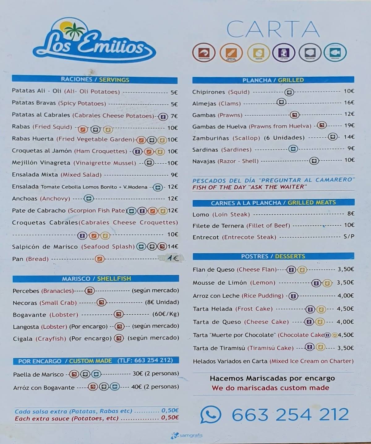 Carta del restaurante Chiringuito Los Emilios, La Franca