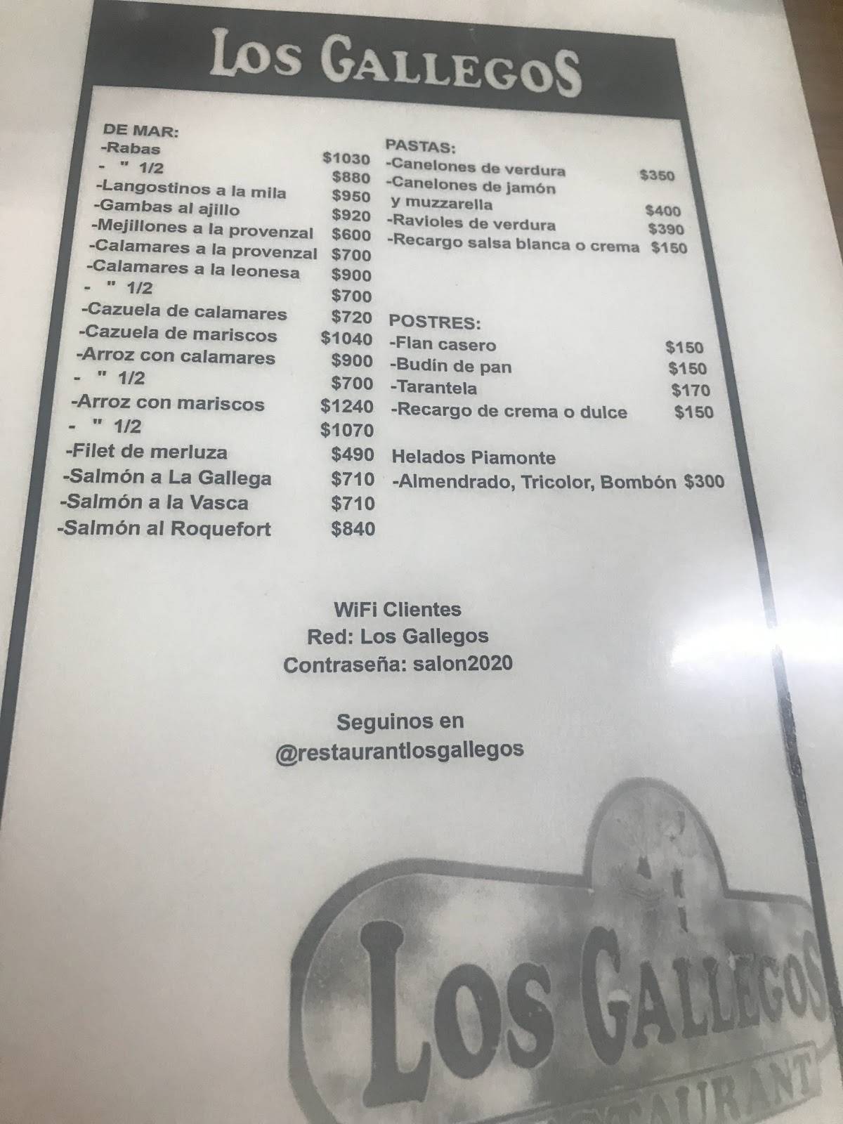 Carta del restaurante Los Gallegos, Quilmes, Pres. Juan Domingo Perón 358