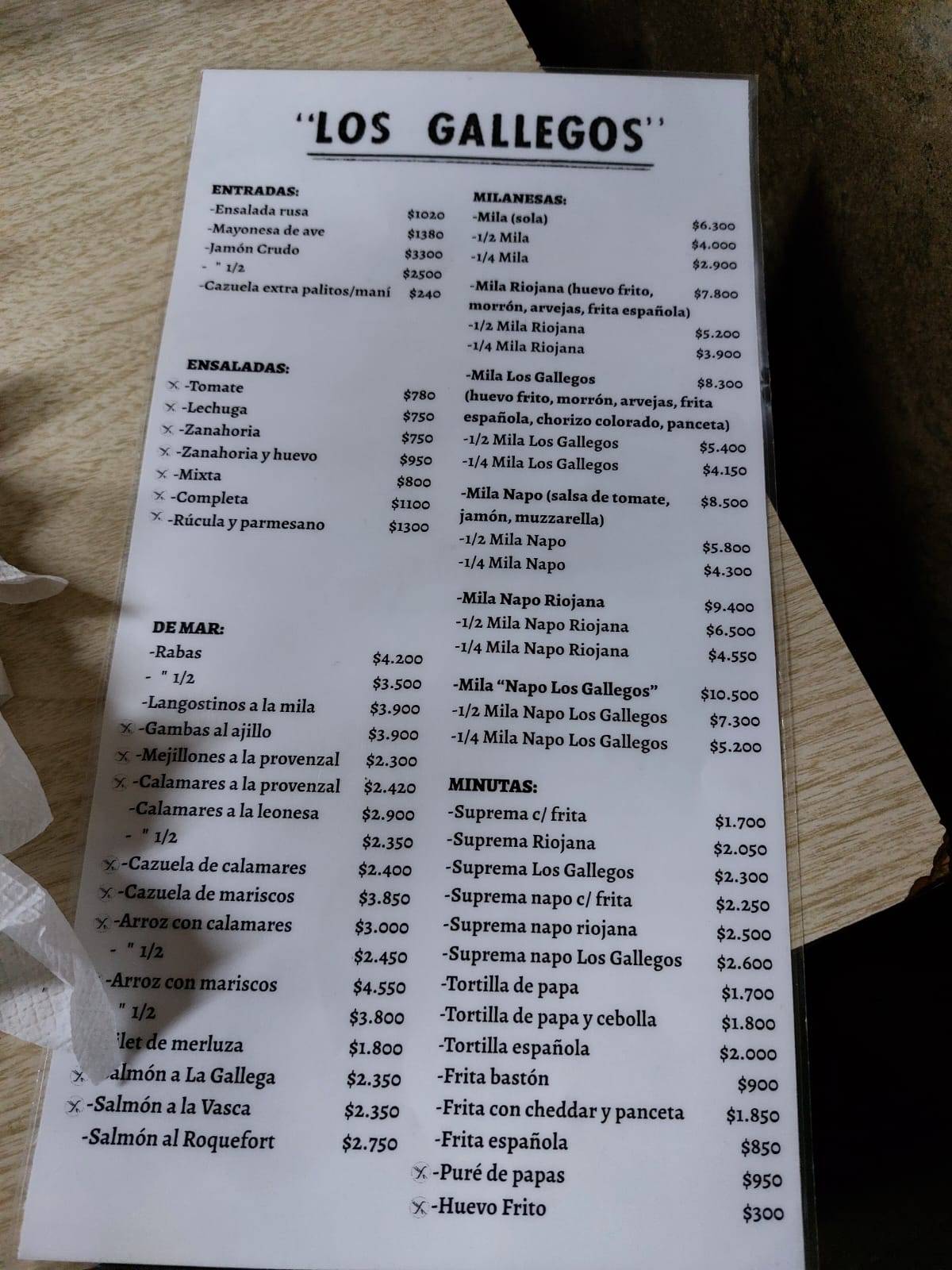 Carta del restaurante Los Gallegos, Quilmes, Pres. Juan Domingo Perón 358