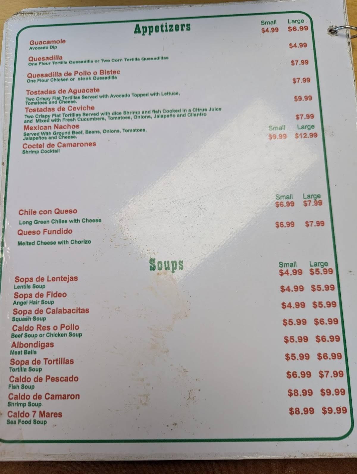 Menu at Los Jarrones Mexican Food restaurant, El Paso, 801 E Paisano Dr