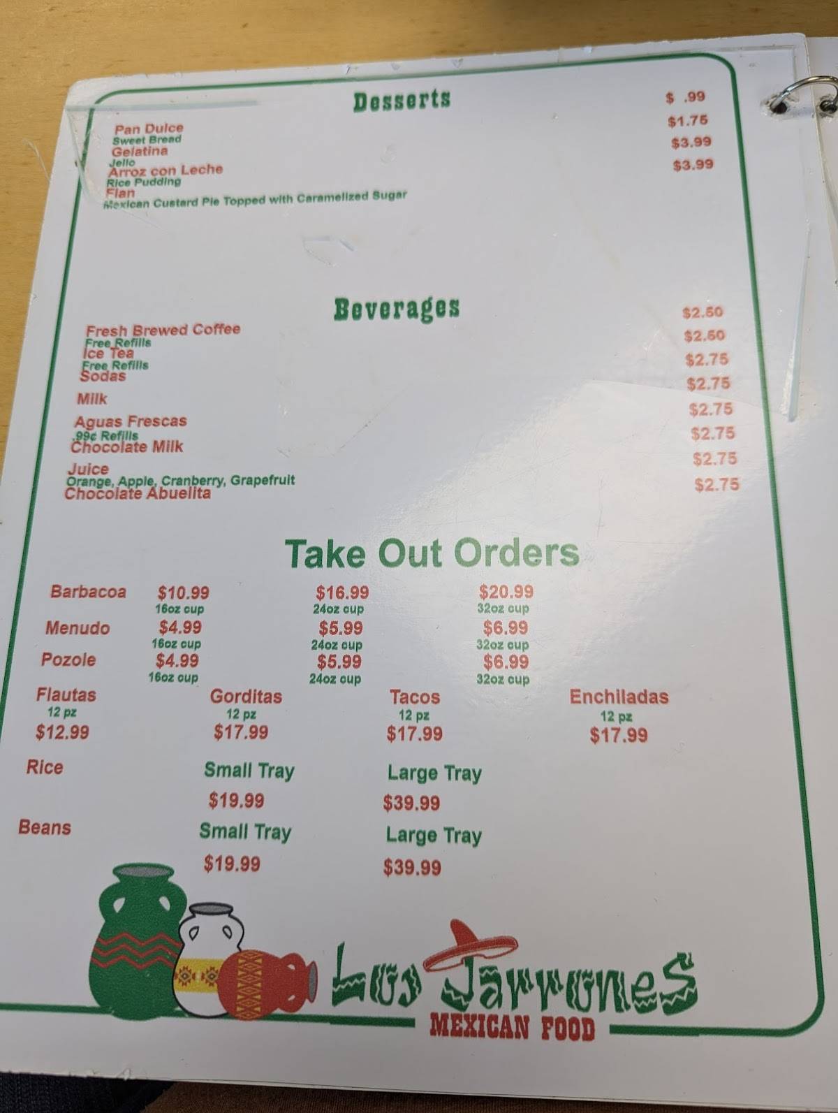 Menu at Los Jarrones Mexican Food restaurant, El Paso, 801 E Paisano Dr