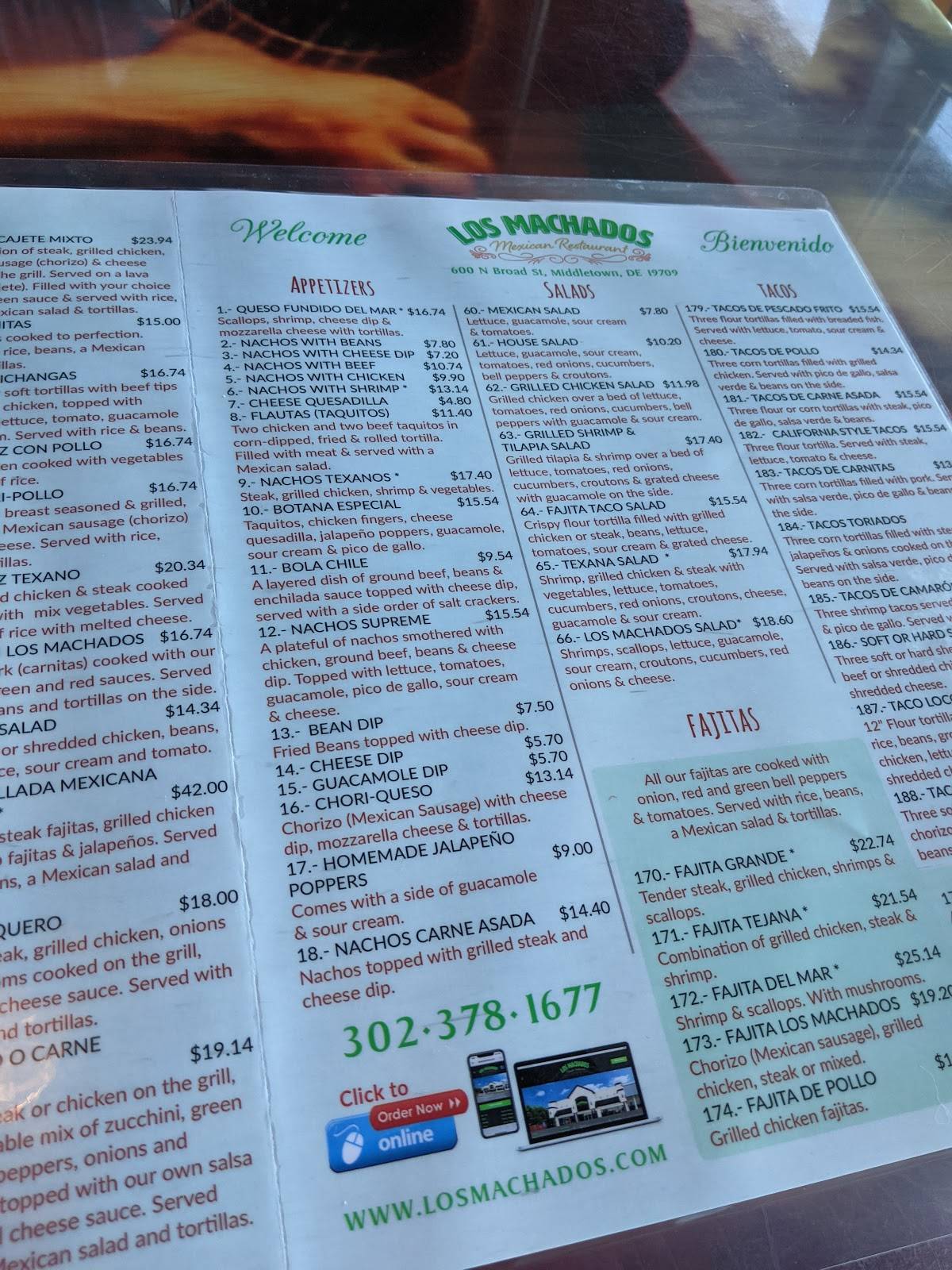 Menu at Los Machados Mexican Restaurant, Middletown