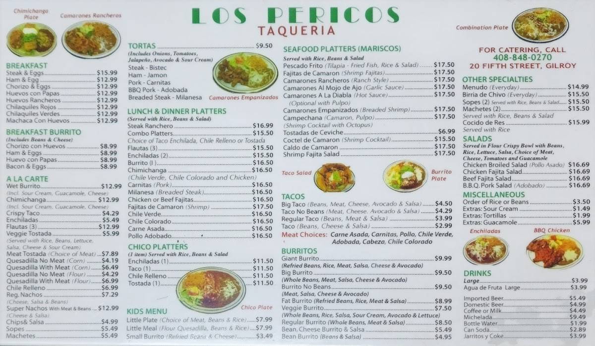 Menu at Los Pericos Taqueria restaurant, Gilroy