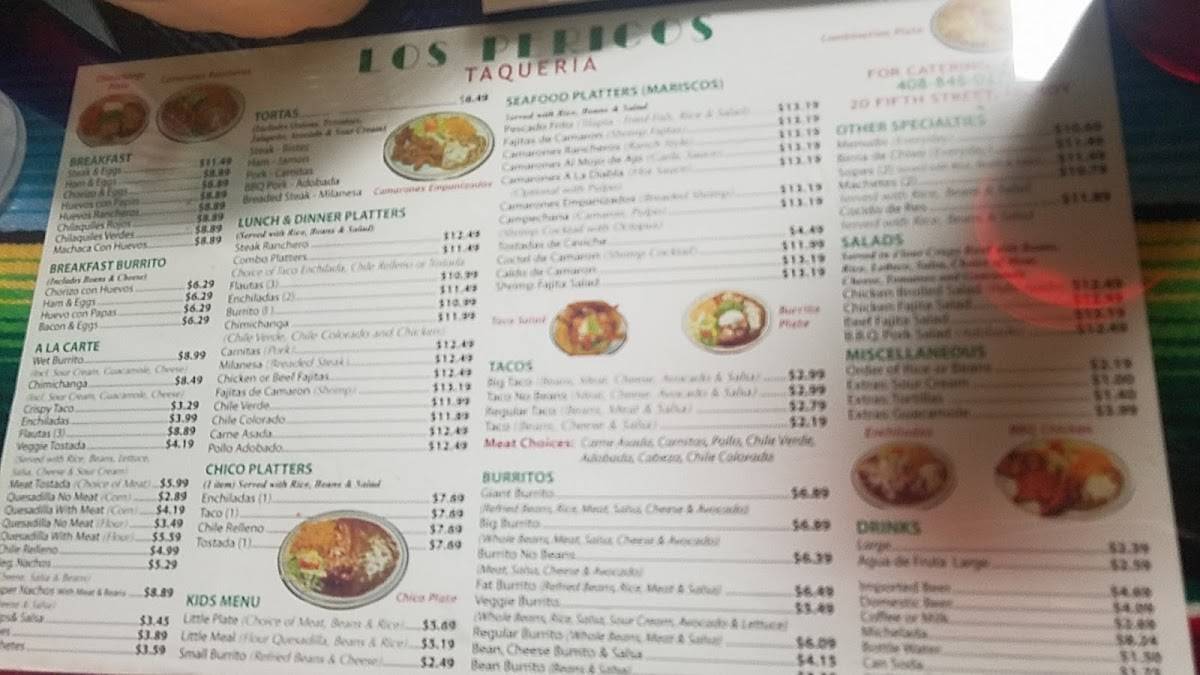 Menu at Los Pericos Taqueria restaurant, Gilroy