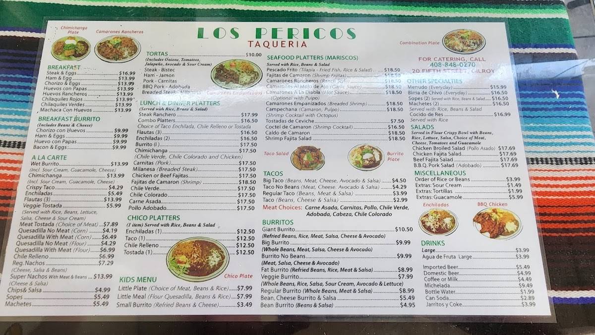 Menu at Los Pericos Taqueria restaurant, Gilroy