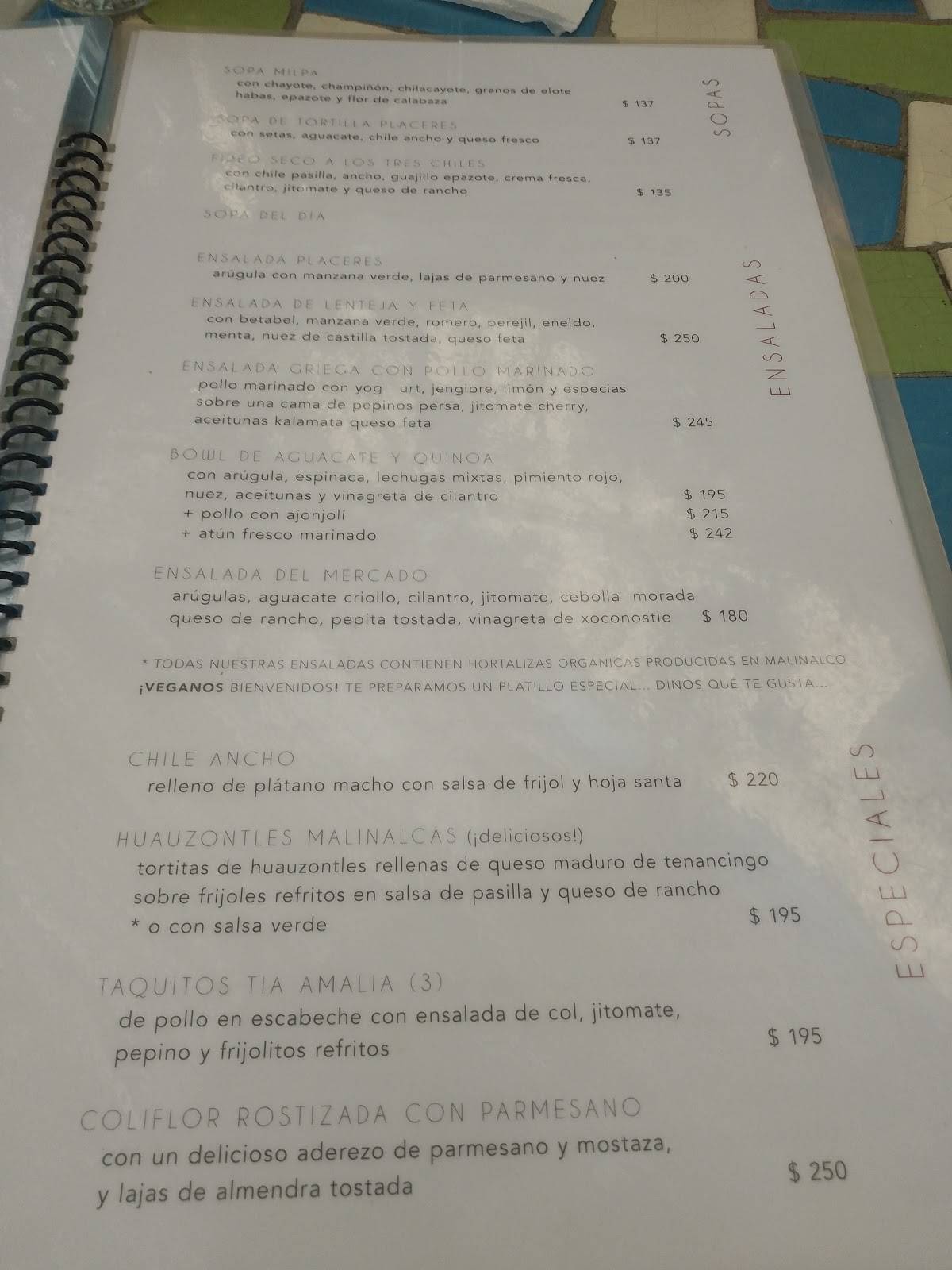Menu at Los Placeres Malinalco restaurant, Malinalco