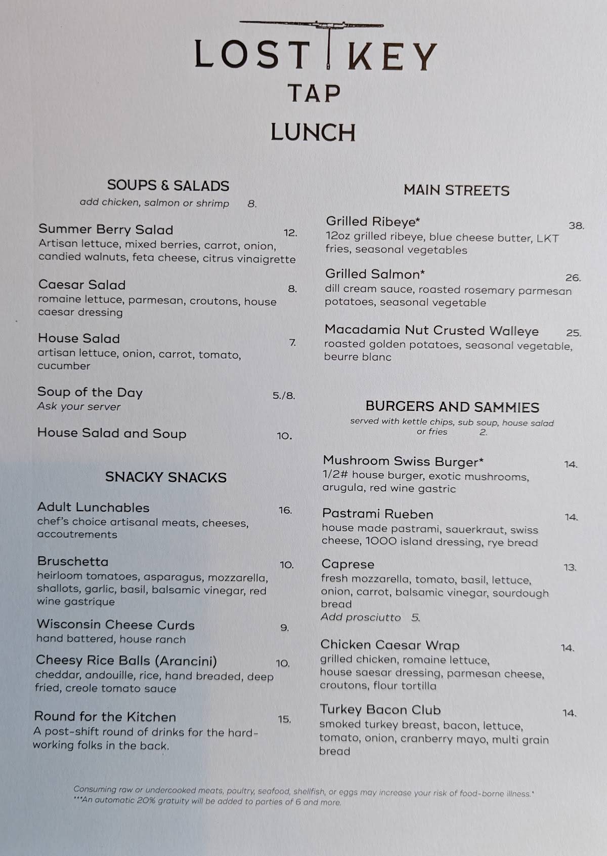 Menu at Lost Key Tap restaurant, Wrightstown