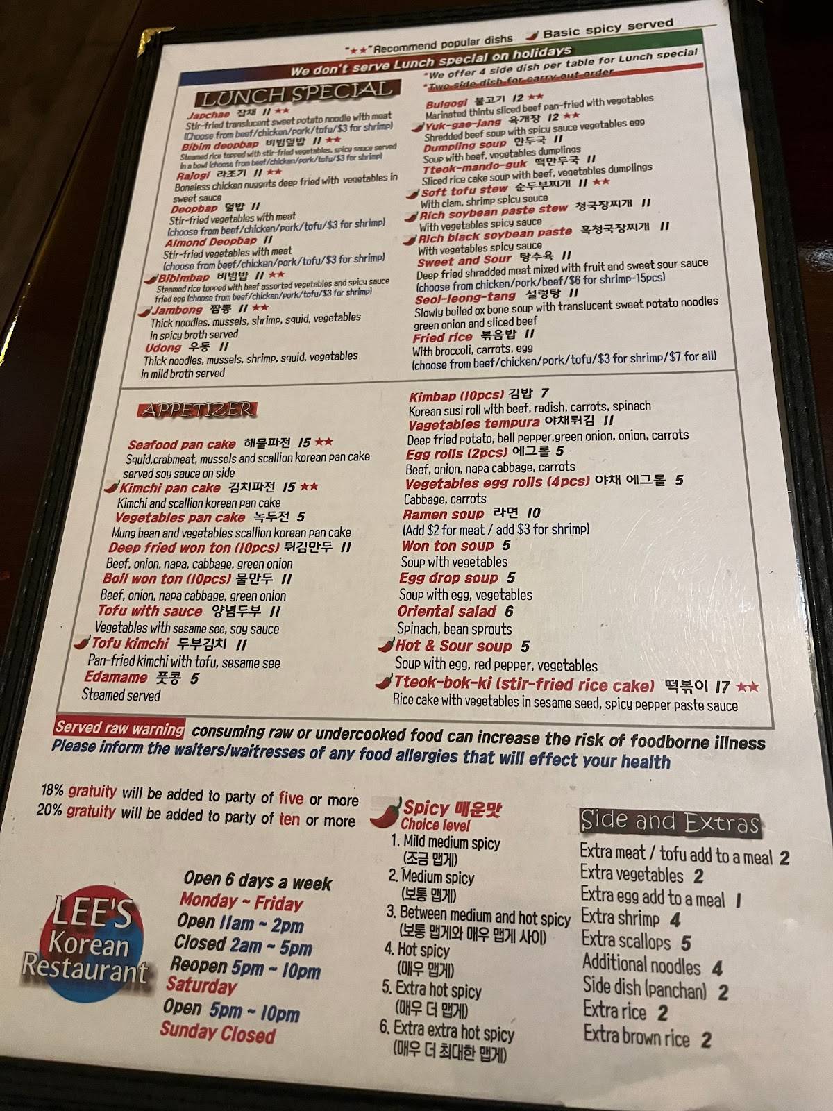 Menu at Lee's Korean Restaurant, Louisville