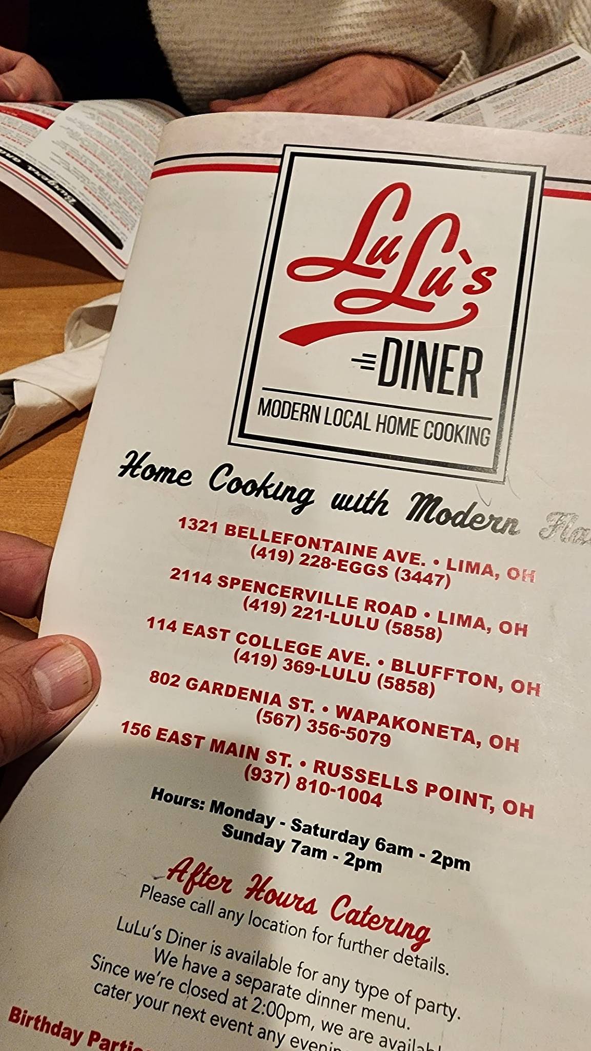 Menu at LuLu's Diner restaurant, Lima, Bellefontaine Ave