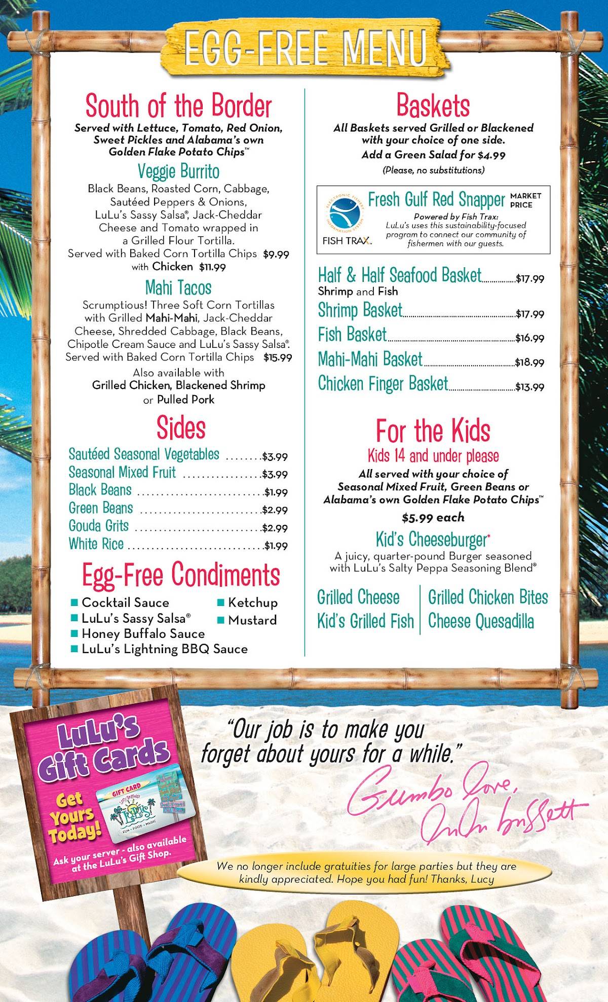 Menu at Lulu's Gulf Shores restaurant, Gulf Shores