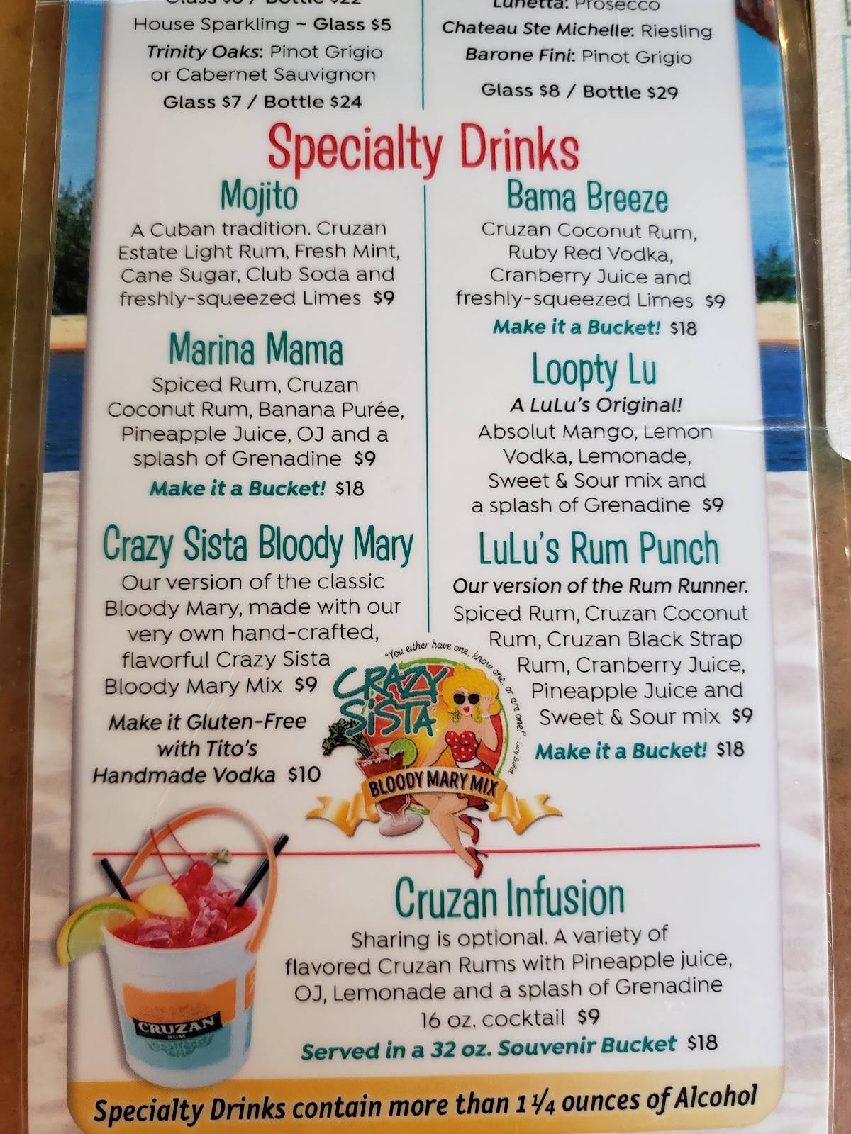 Menu at Lulu's Gulf Shores restaurant, Gulf Shores
