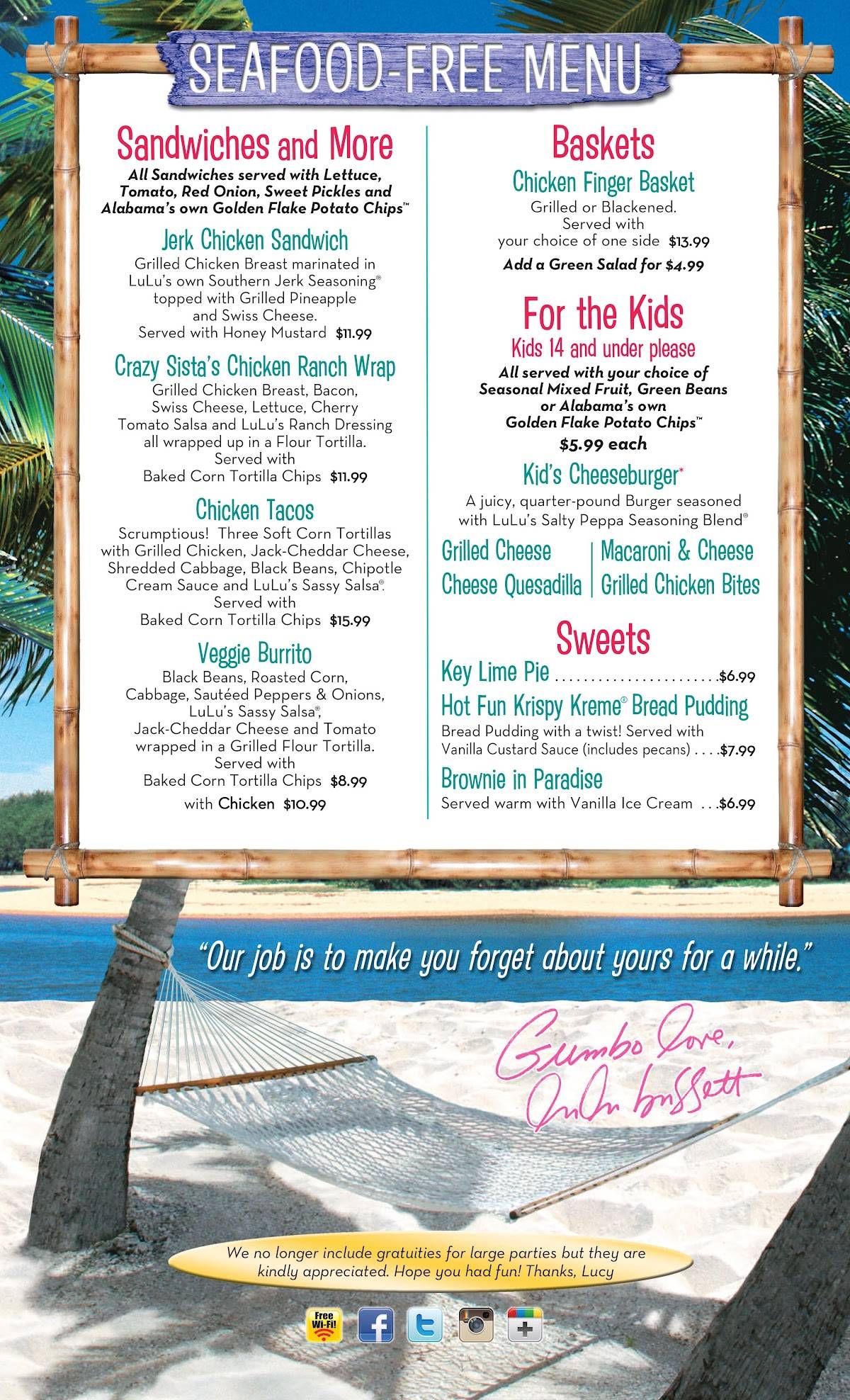 Menu at Lulu's Gulf Shores restaurant, Gulf Shores