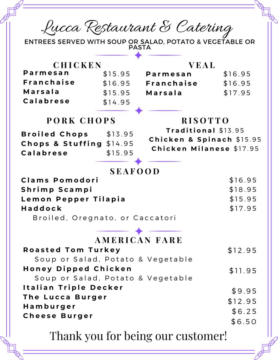 Menu at Lucca Restaurant, Taylor