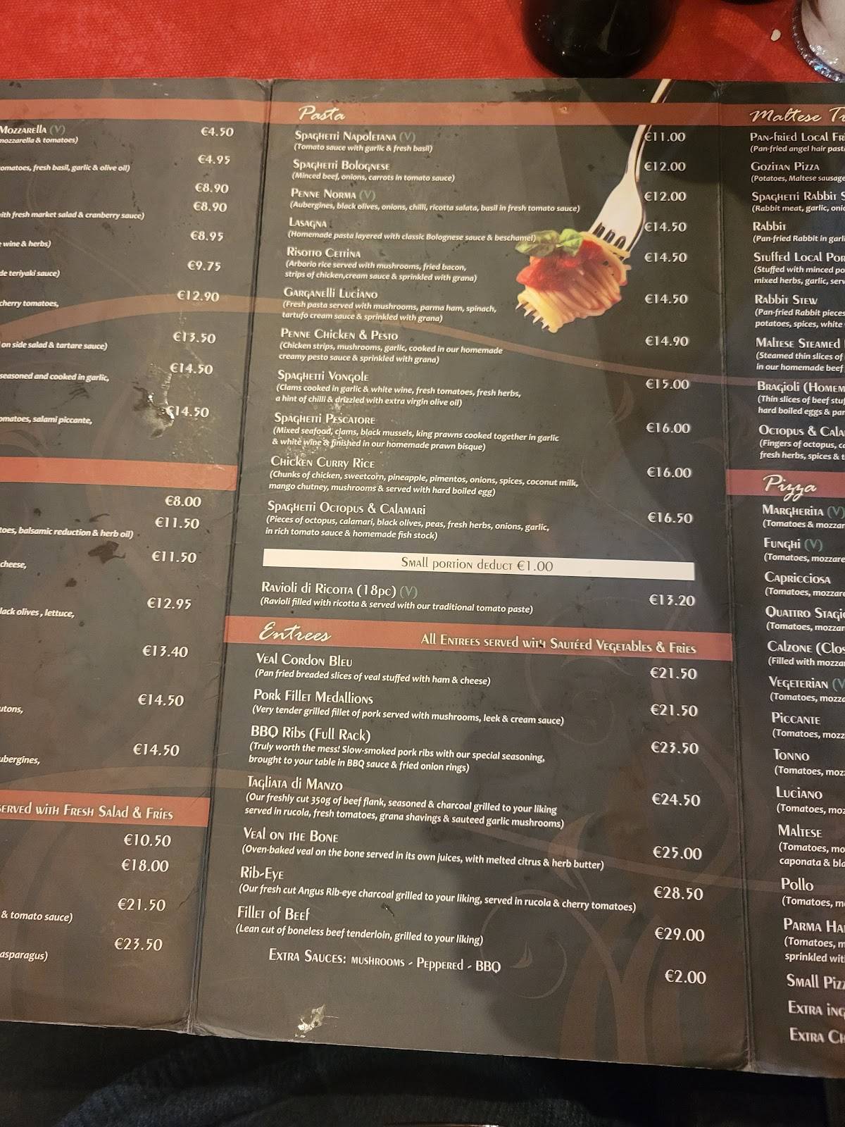Menu at Luciano restaurant, Valletta
