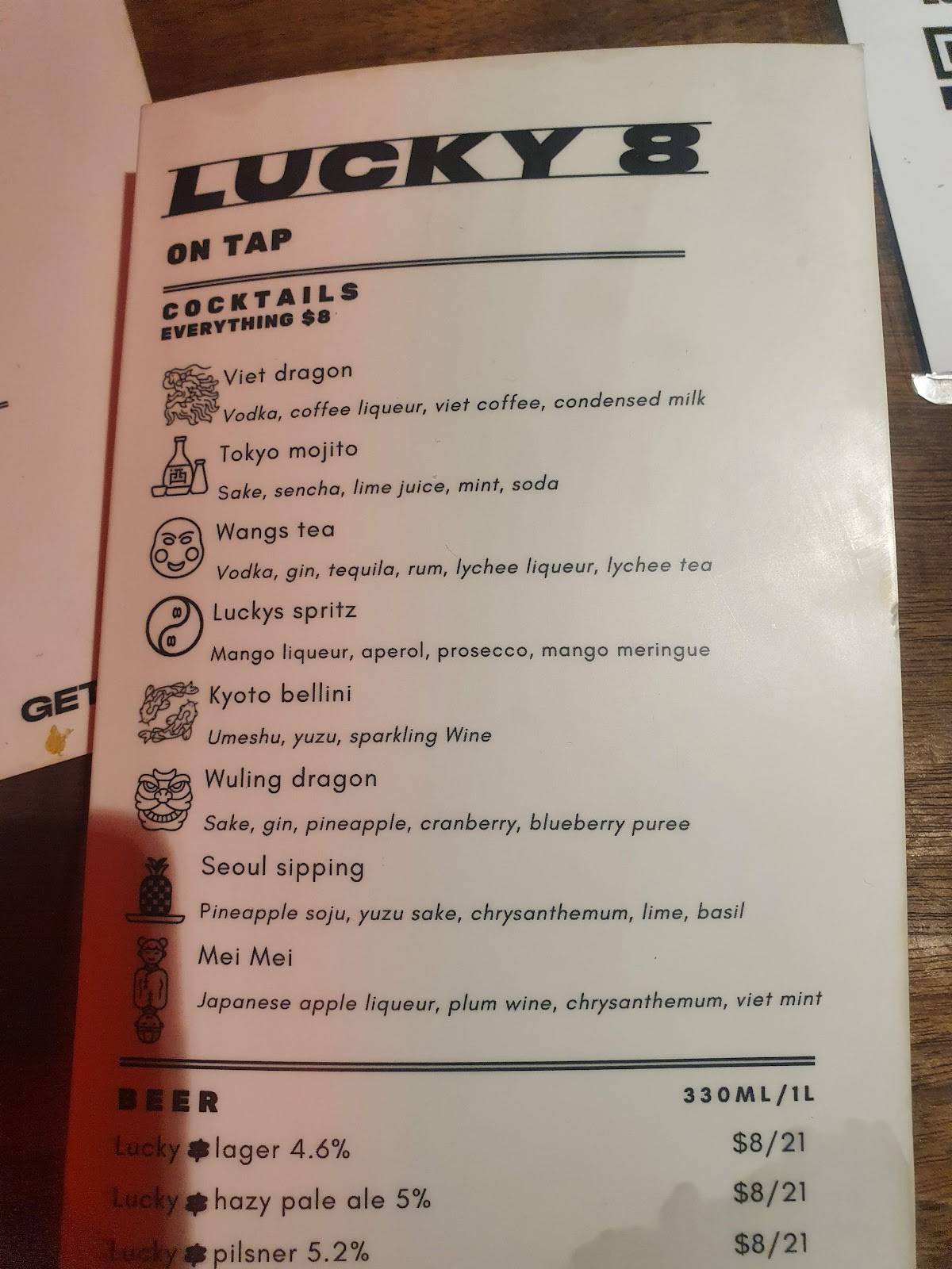 Menu at Lucky 8 restaurant, Auckland