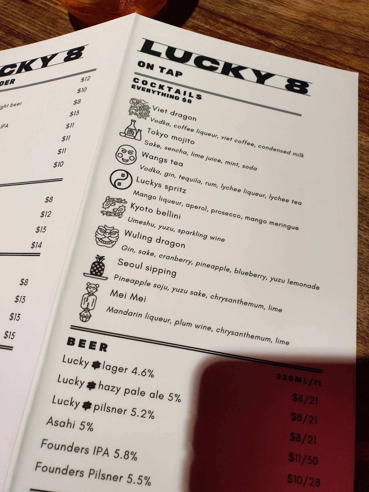 Menu at Lucky 8 restaurant, Auckland