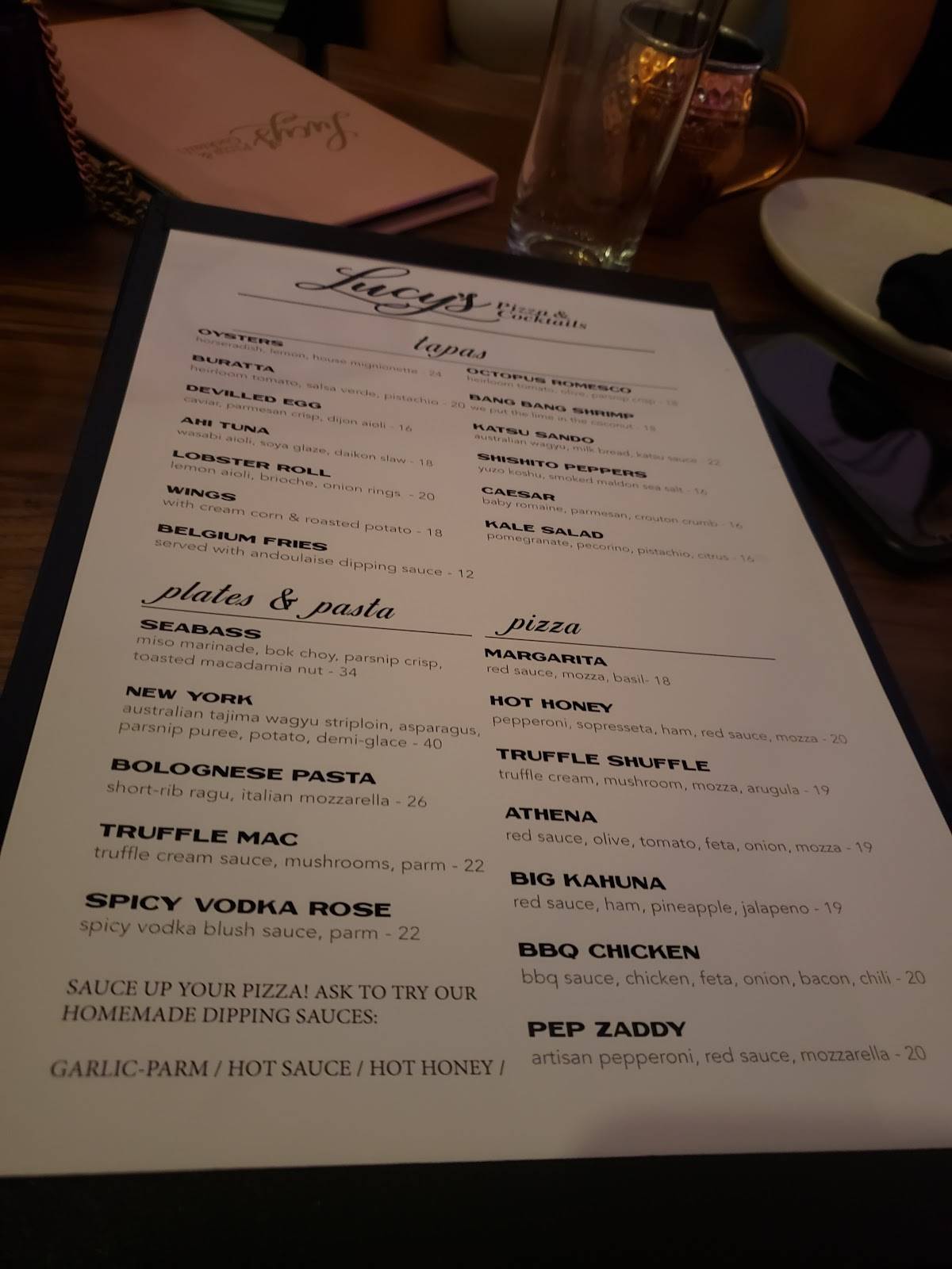 Menu at Lucy's Pizza & Cocktails restaurant, London