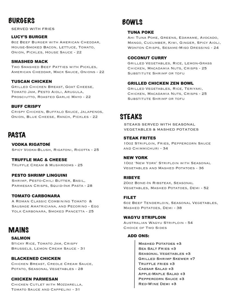 Menu at Lucy's Pizza & Cocktails pub & bar, London