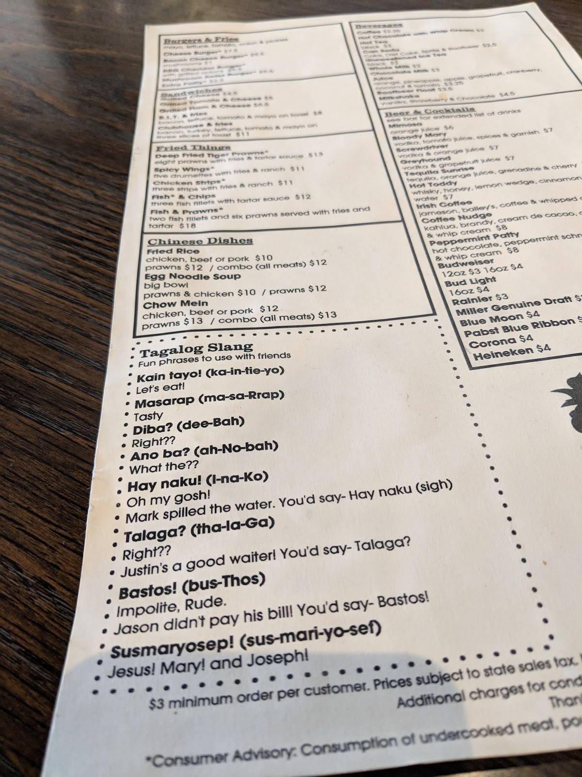 Menu at Ludi's restaurant, Seattle