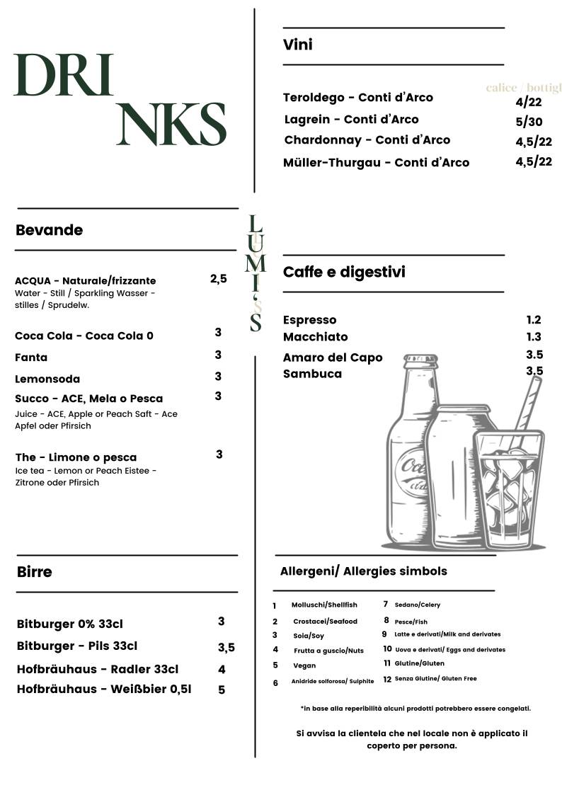 Menu at Lumi's restaurant, Arco