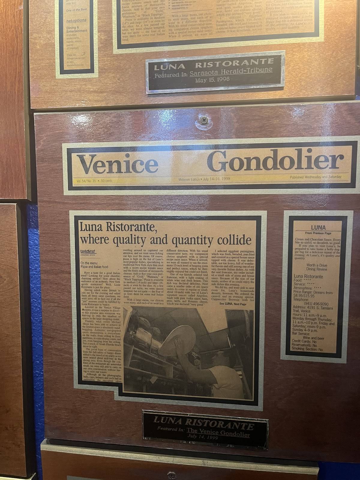 Menu at Luna Restaurant, Venice