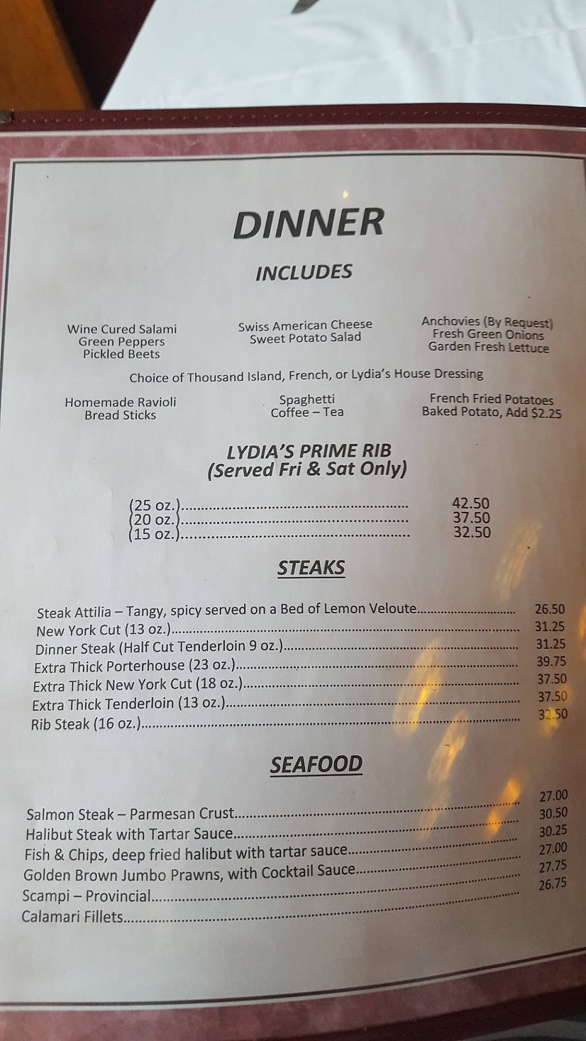 Menu at Lydia's Supper Club, Butte