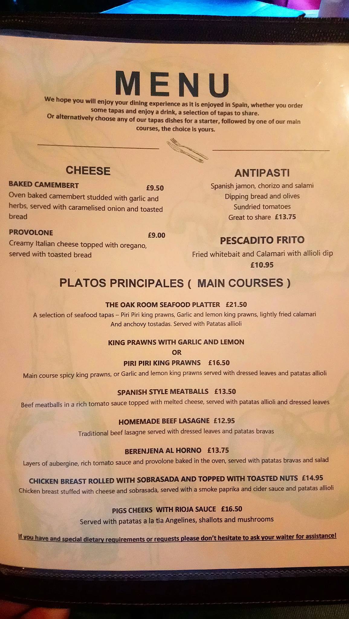 Menu at The Oak Room pub & bar, Lynton