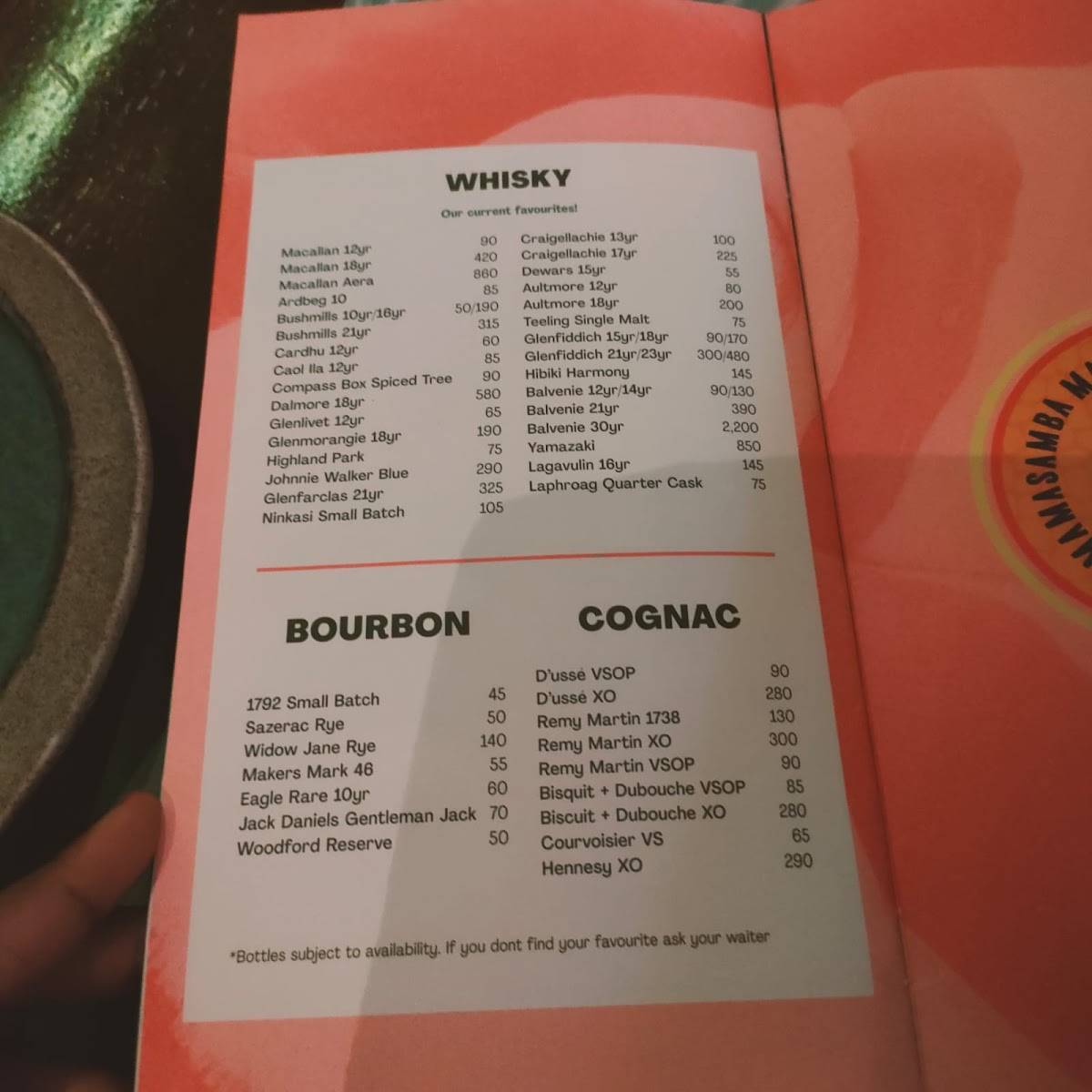 Menu at MAMASAMBA restaurant, Johannesburg