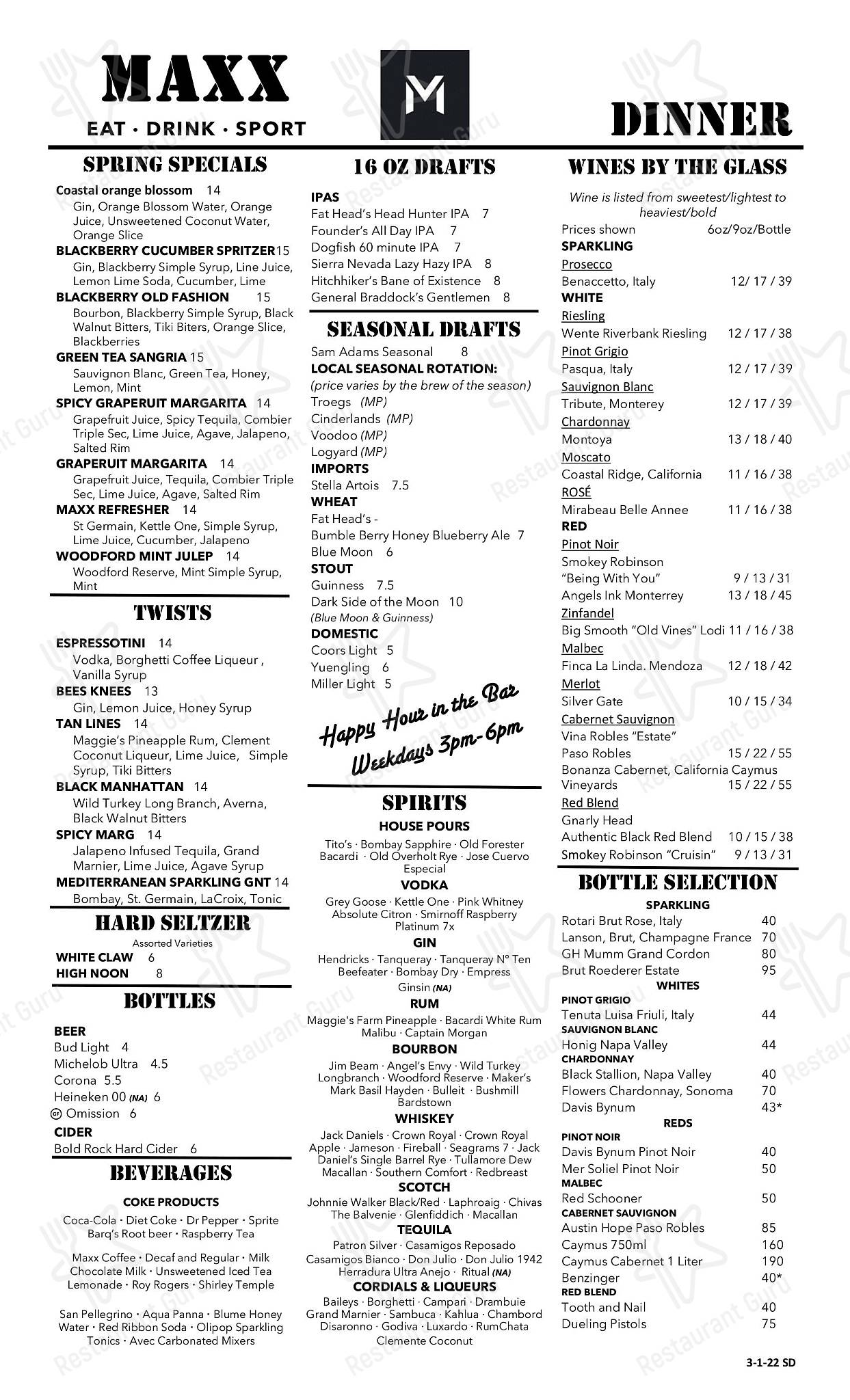 Menu at MAXX Restaurant, Warrendale