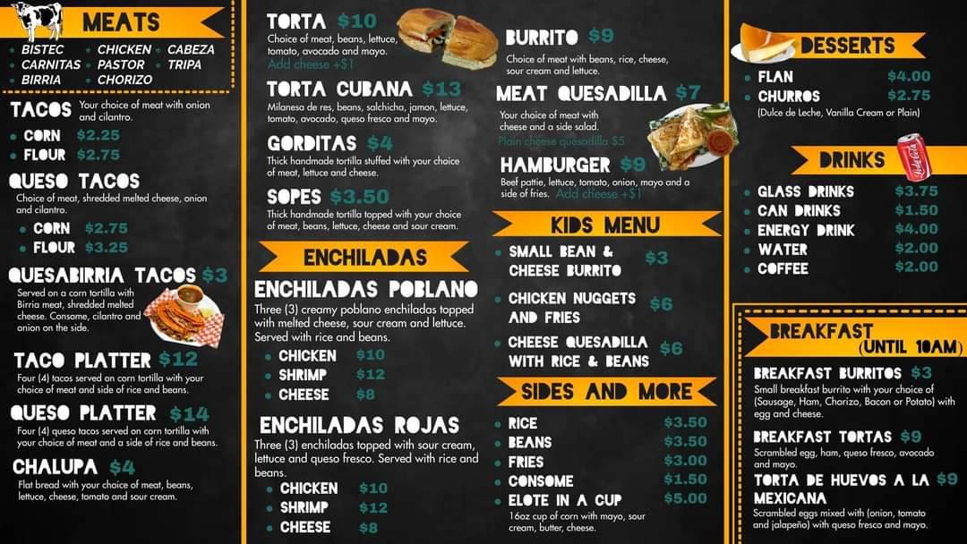 Menu at MG TAQUERIA restaurant, Seagoville
