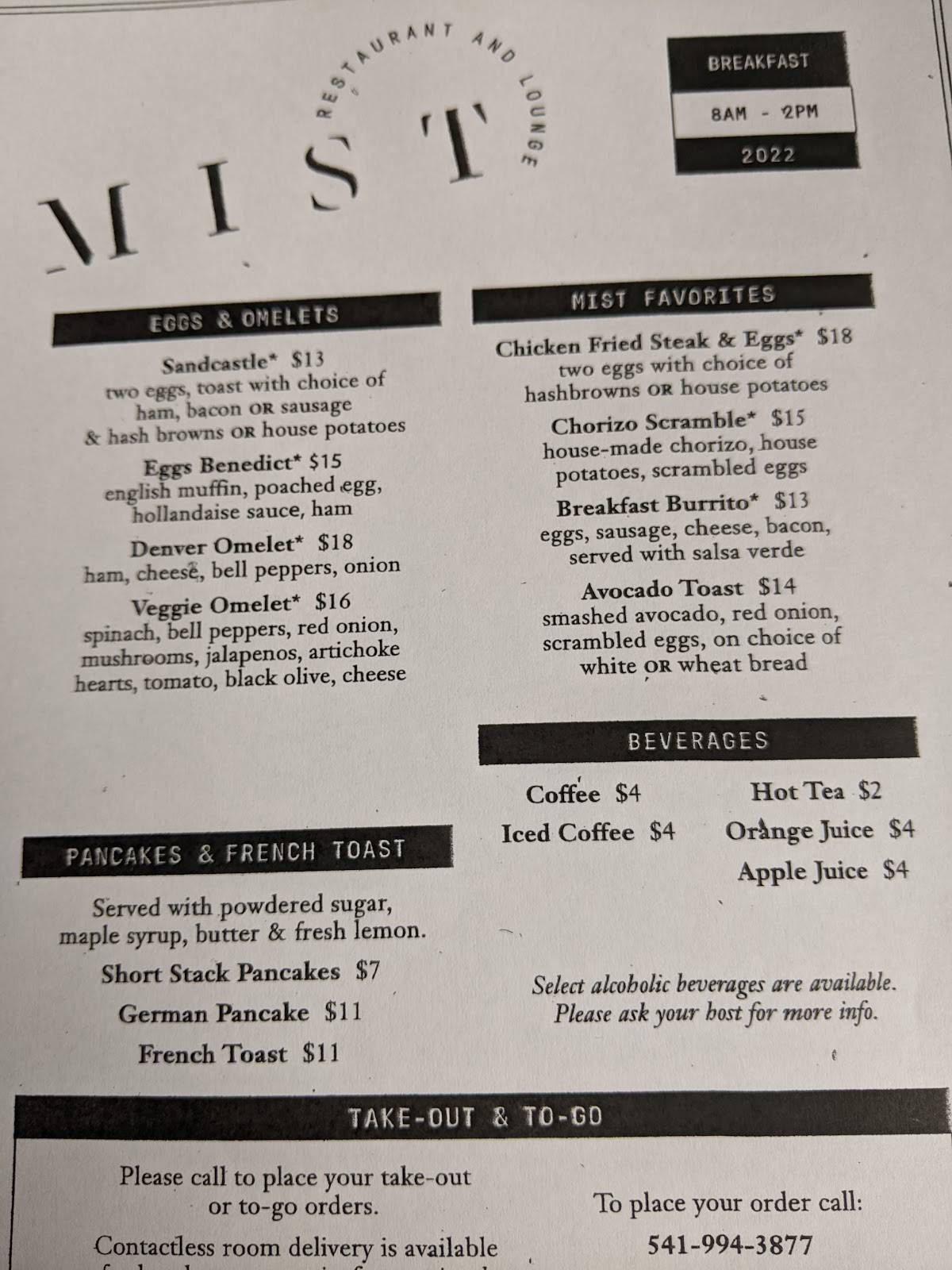 Menu at MIST Restaurant & Lounge, Lincoln City