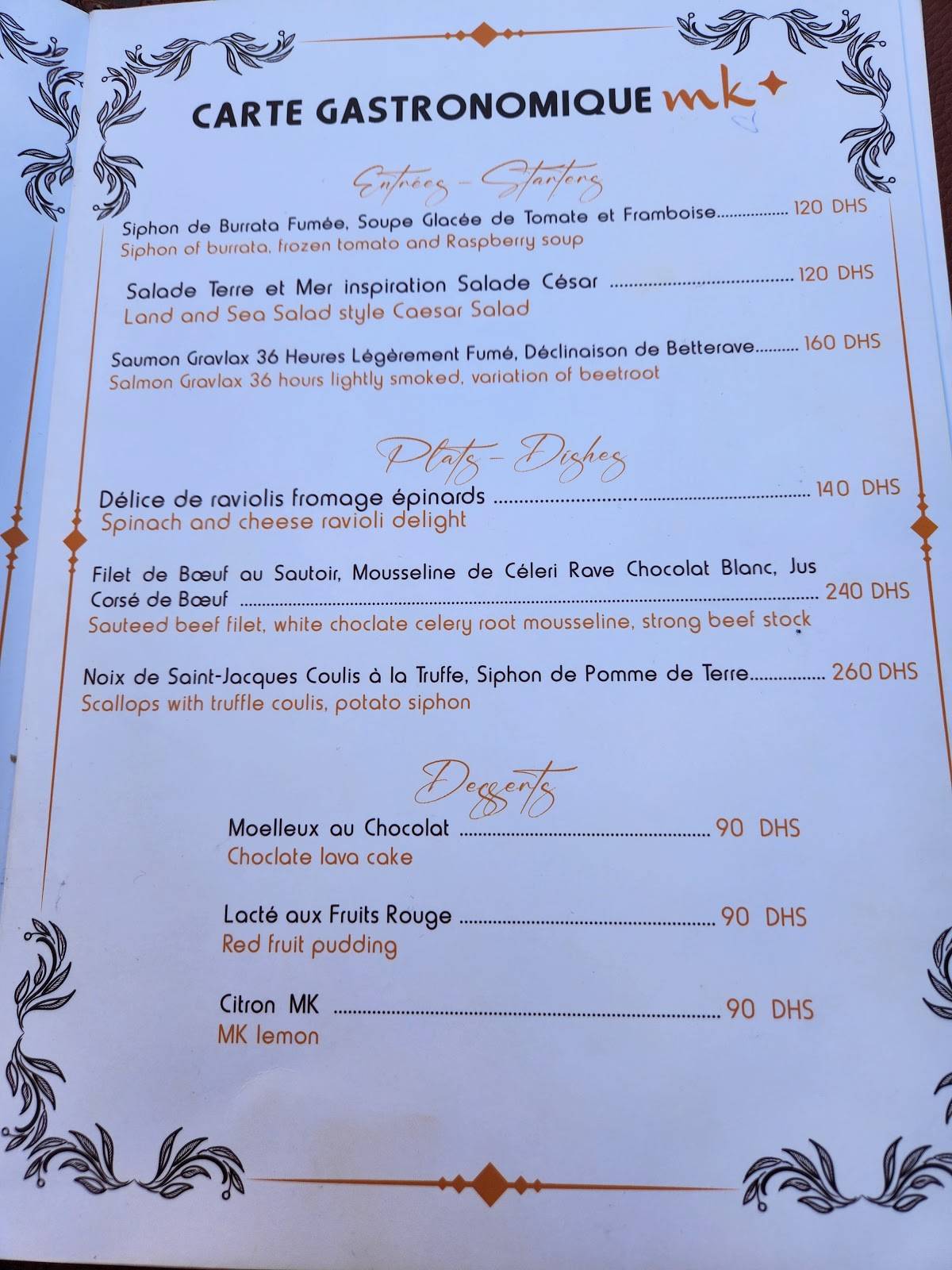 Carta del restaurante MK Rooftop Marrakech, Marrakech
