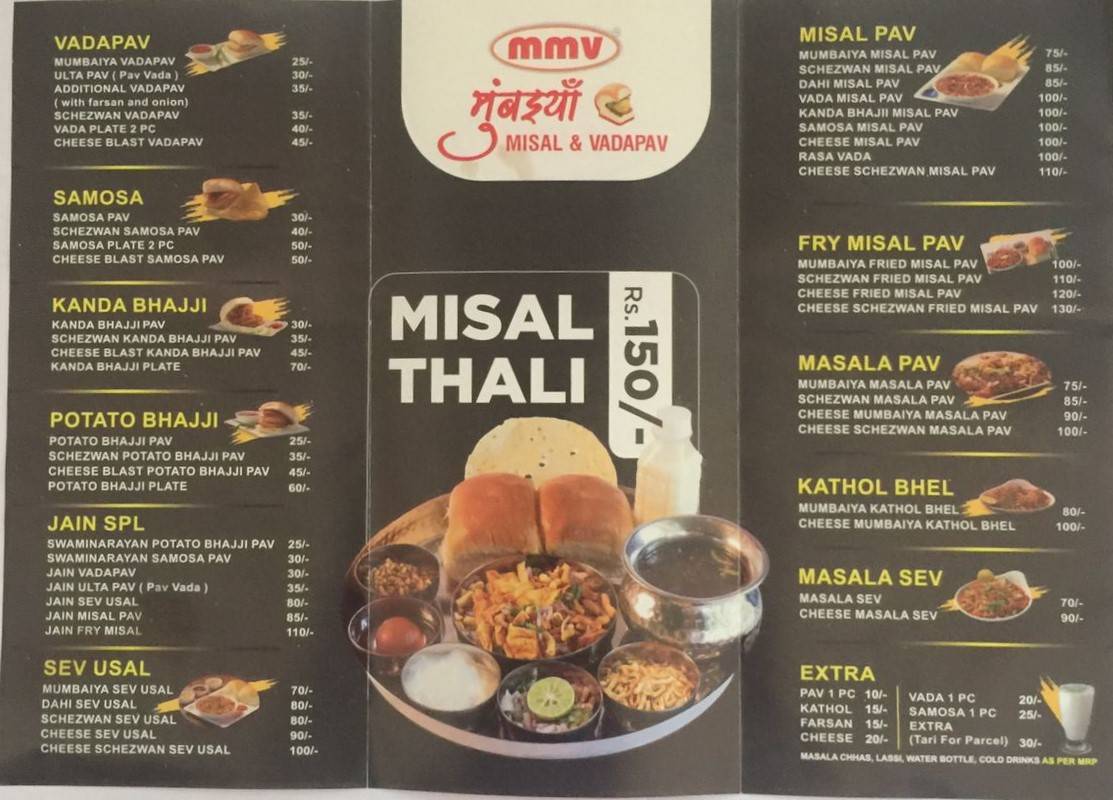 Menu at MMV Mumbaiya Misal and Vadapav Bhaduatnagar, Ahmedabad