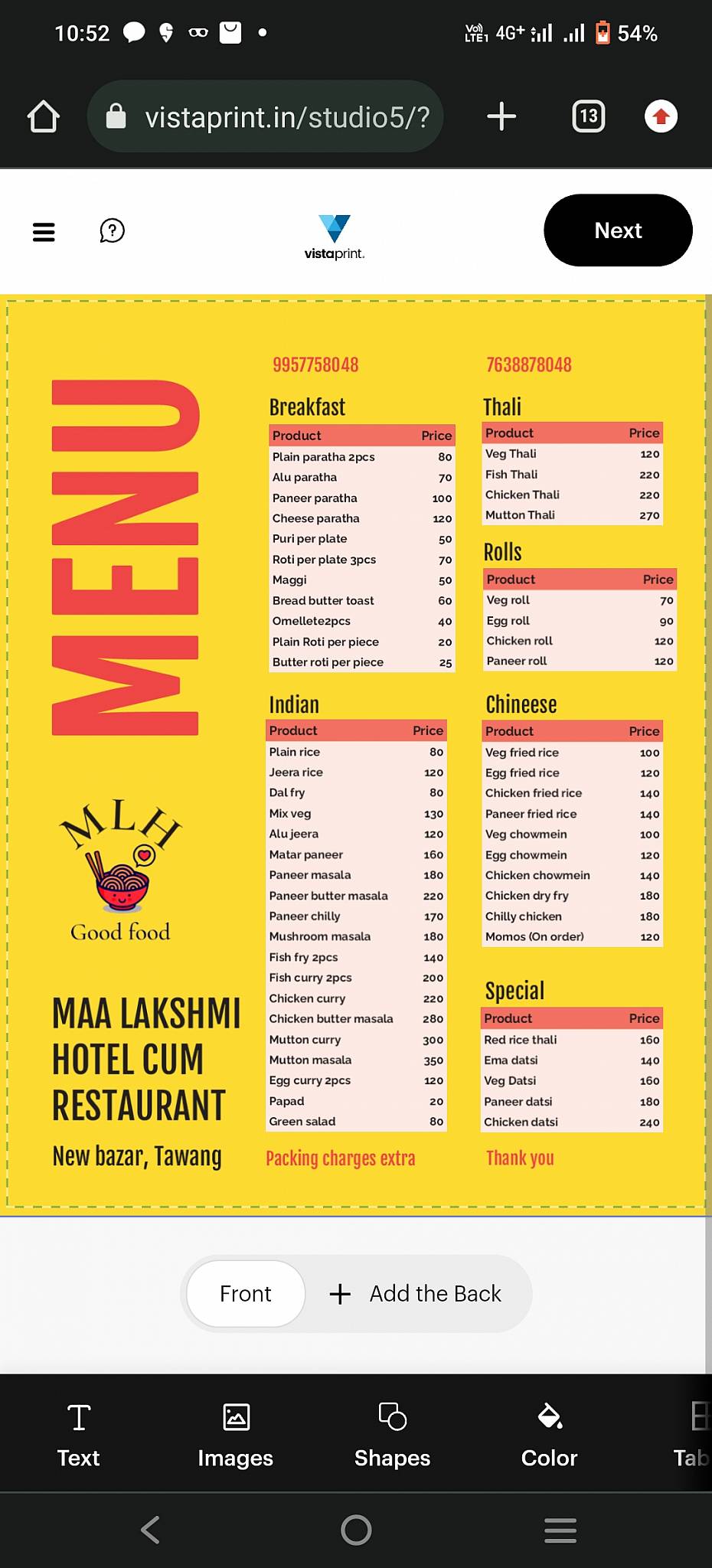 Menu at Maa lakshmi hotel cum restaurant, India