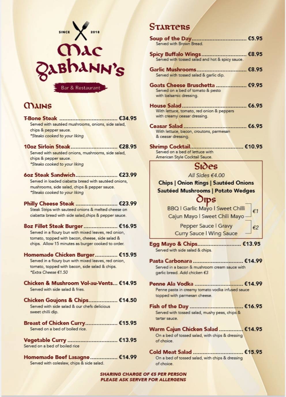 Menu at MacGabhann’s Cavan pub & bar, Cavan